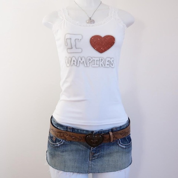 Tops | Y2k I Heart Vampires Lace Cami Coquette Graphic White M | Poshmark